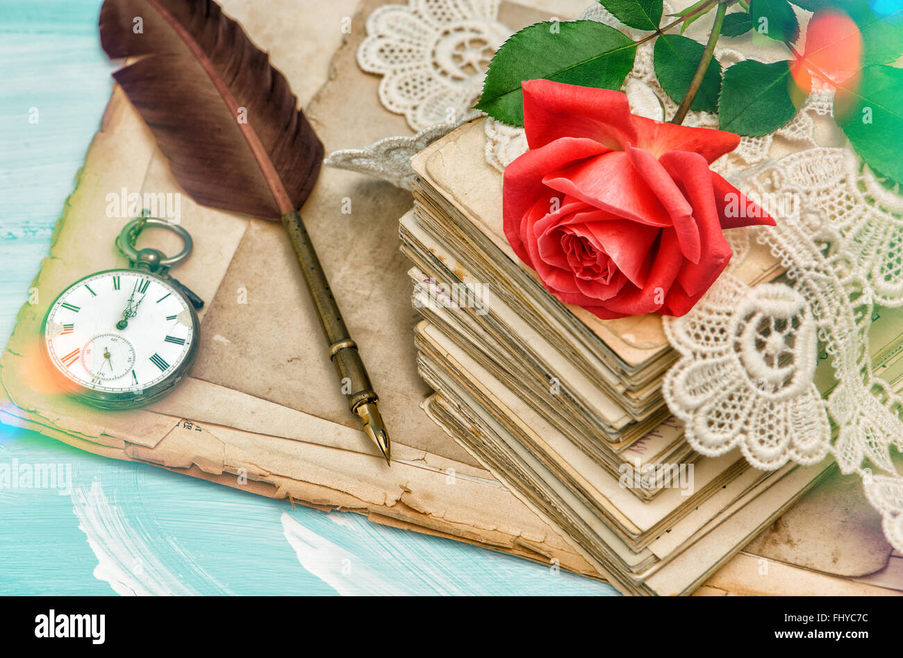 Old letters, lace and red rose flower. Retro toned photo Stock Photo ...
