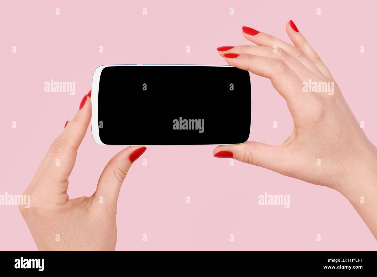 Smartphone. Female hand holding smartphone in hand. Woman and ...