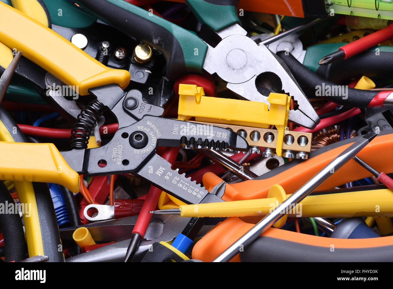 Tools and component kit to use in electrical installations Stock Photo ...