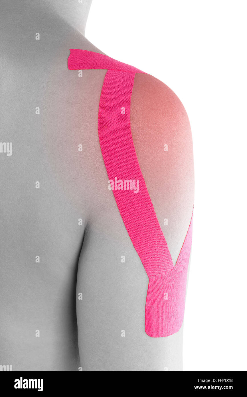 Kinesio tape on female shoulder isolated on white background ...