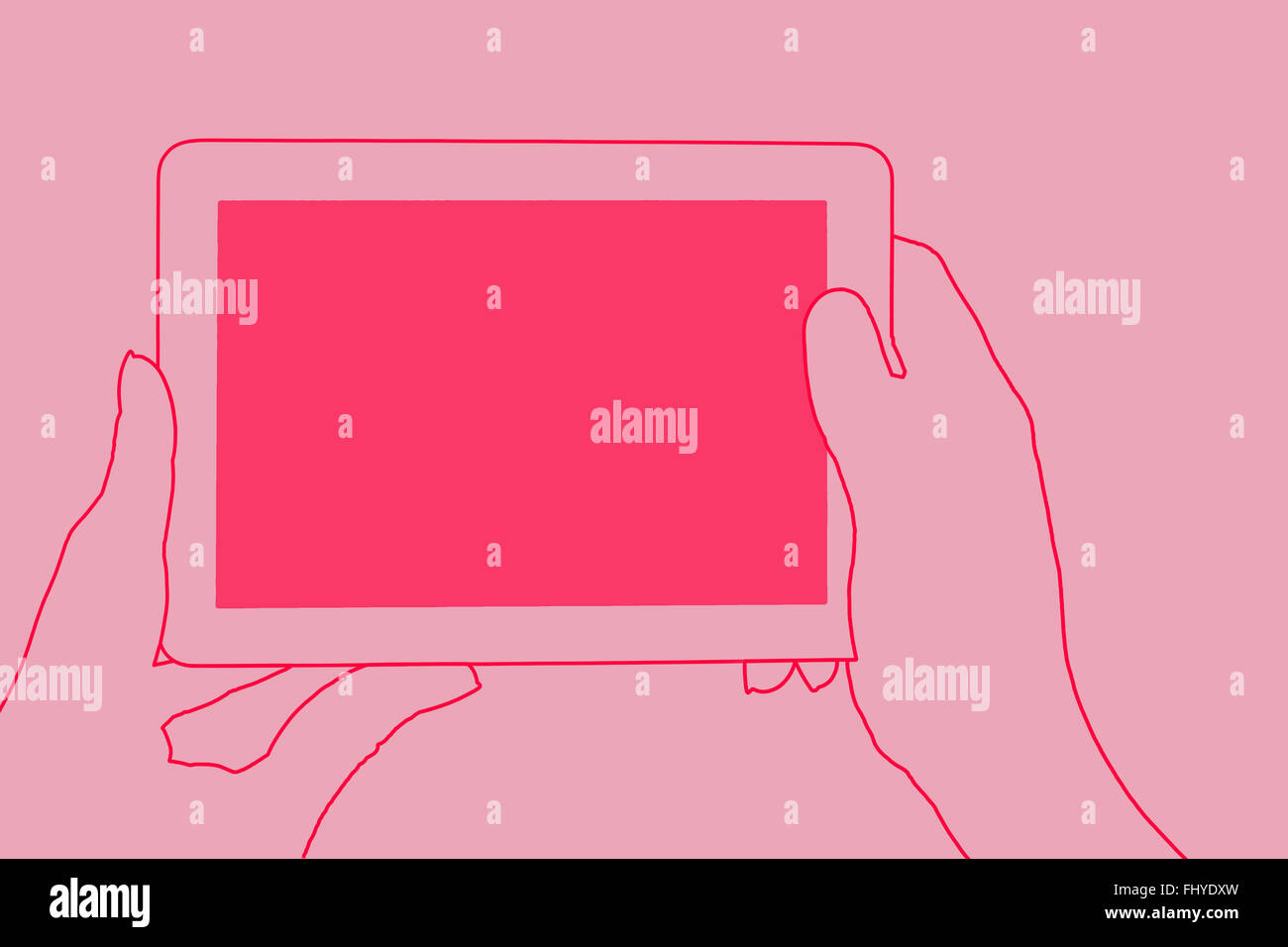 Female hand holding e reader with both hands isolated on pink ...