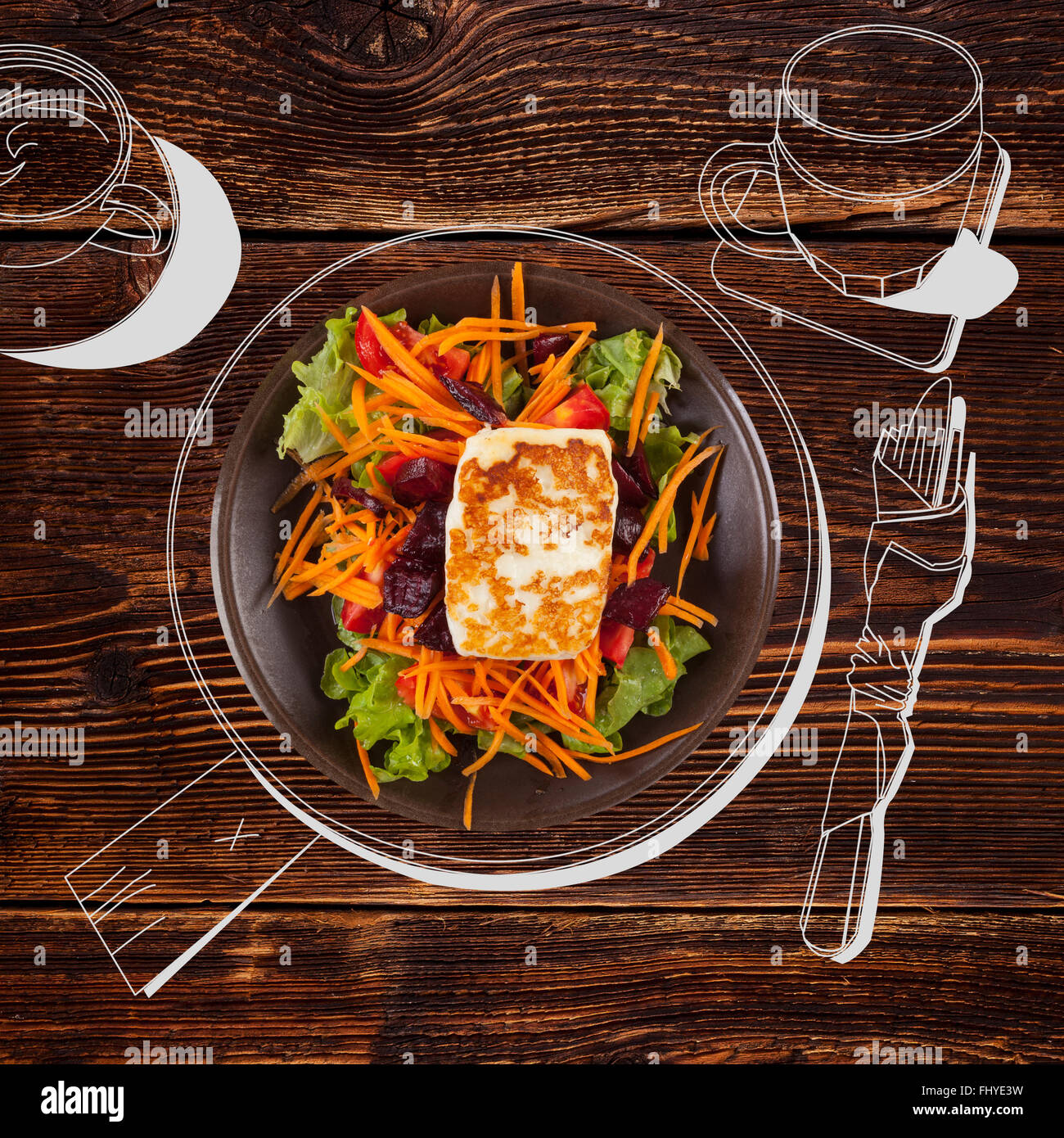 Delicious grilled halloumi cheese with salad. Fine dining, exquisite ...