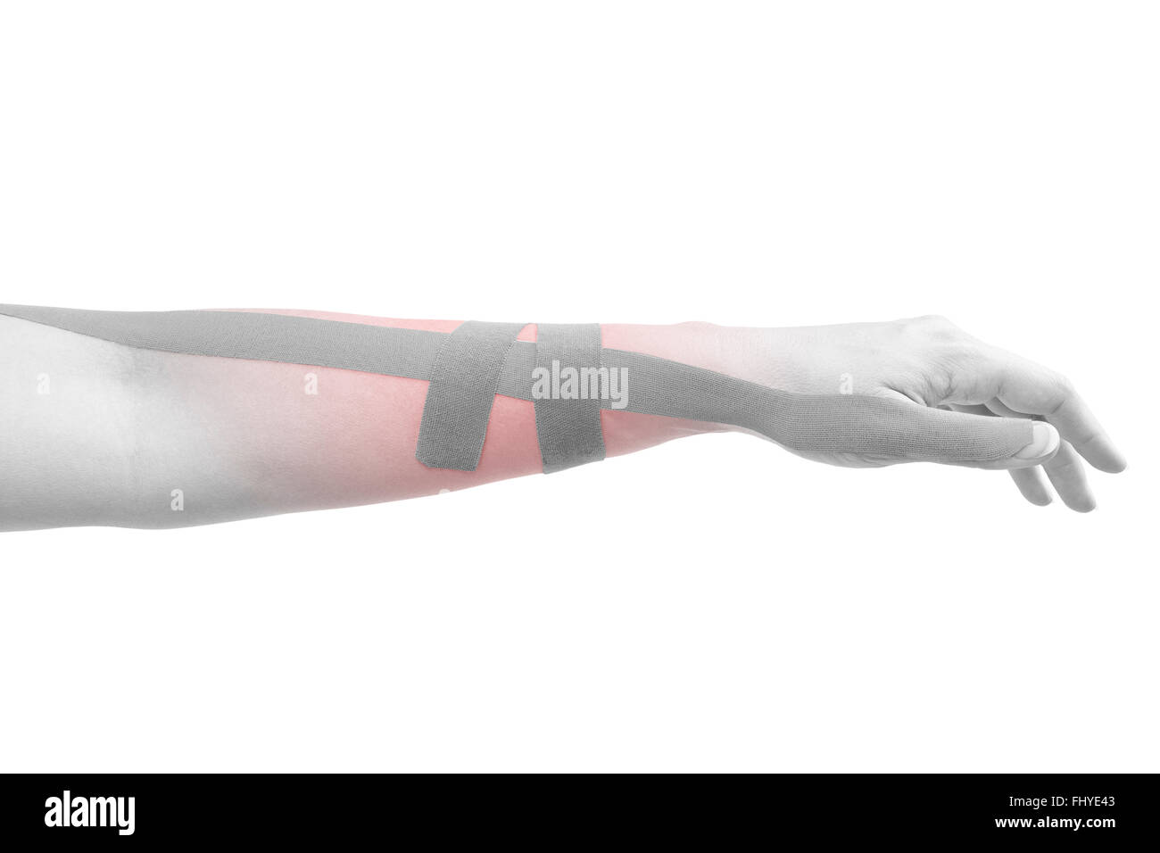 Kinesio tape on female hand isolated on white background. Chronic pain ...