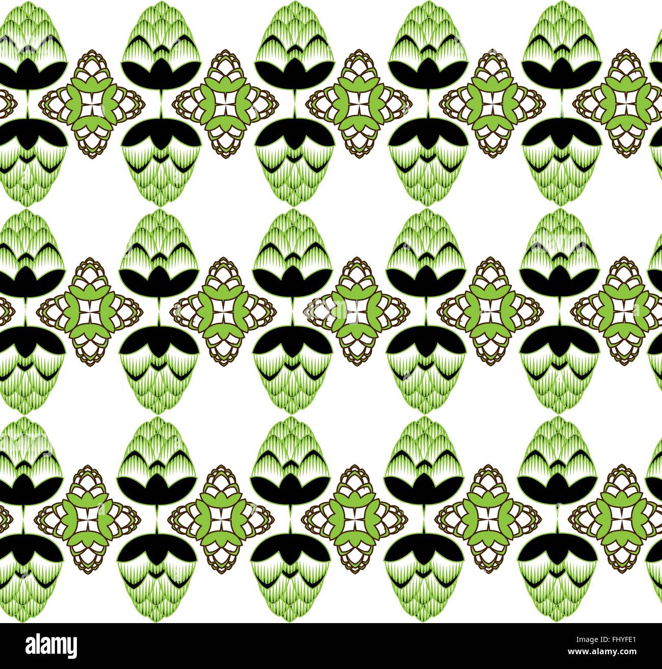 Green and black hop flowers digital vector seamless pattern. Background ...