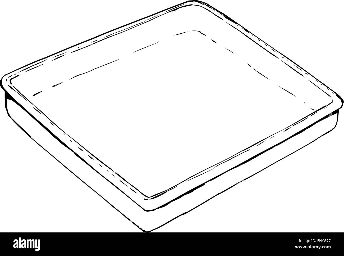 Outlined empty rectangular tray or pan sketch over white background ...