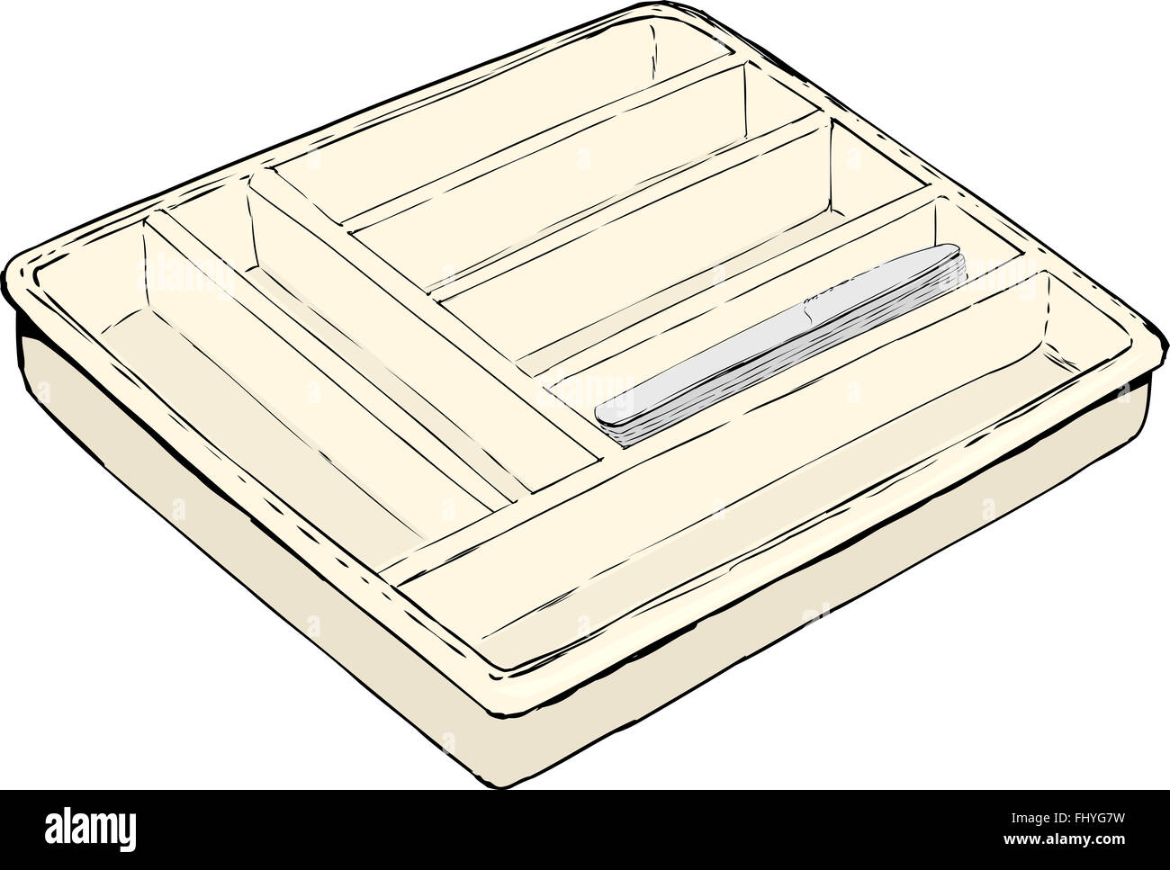 Single isolated rectangular silverware tray with stack of table knives ...