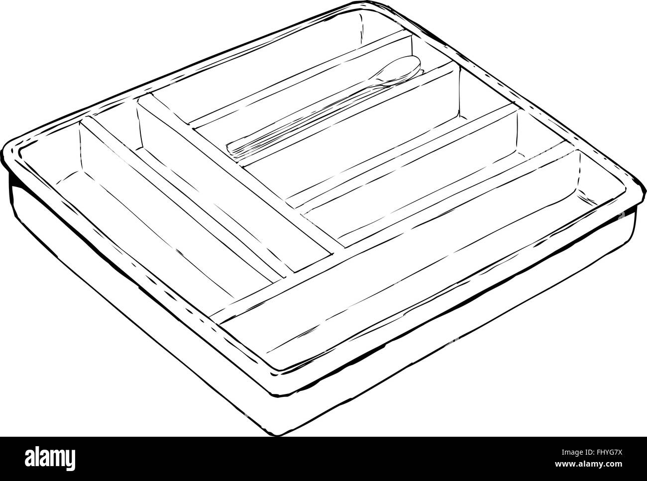 Outline of isolated rectangular cutlery tray with stack of spoons ...