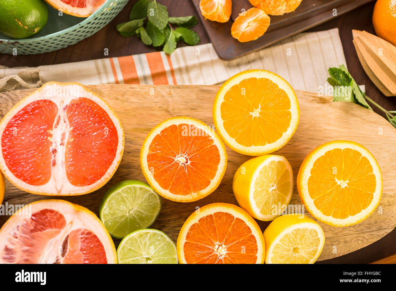 Variety of citrus fruit including lemons, lines, grapefruits and ...