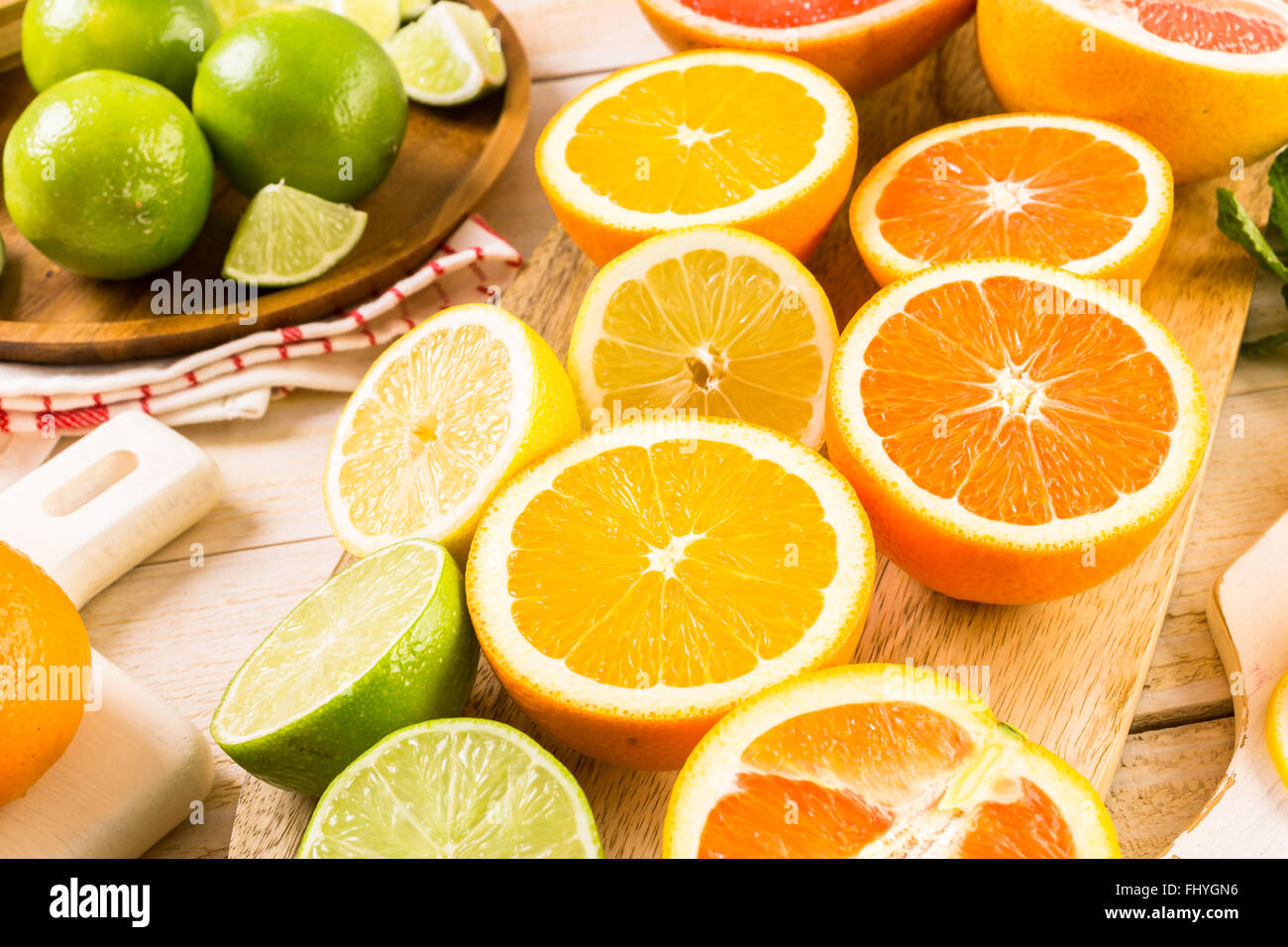 Variety of citrus fruit including lemons, lines, grapefruits and ...