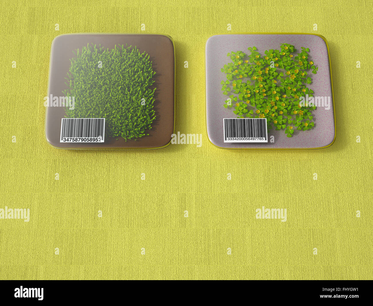 3D rendering, Packadged grass with bar code on cocloful background ...