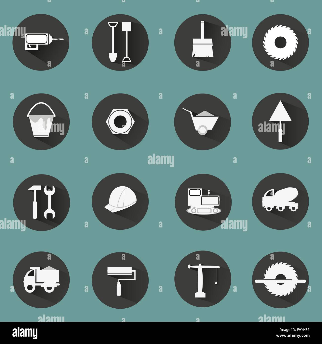 White construction icons on dark gray backdrop. Digital background ...