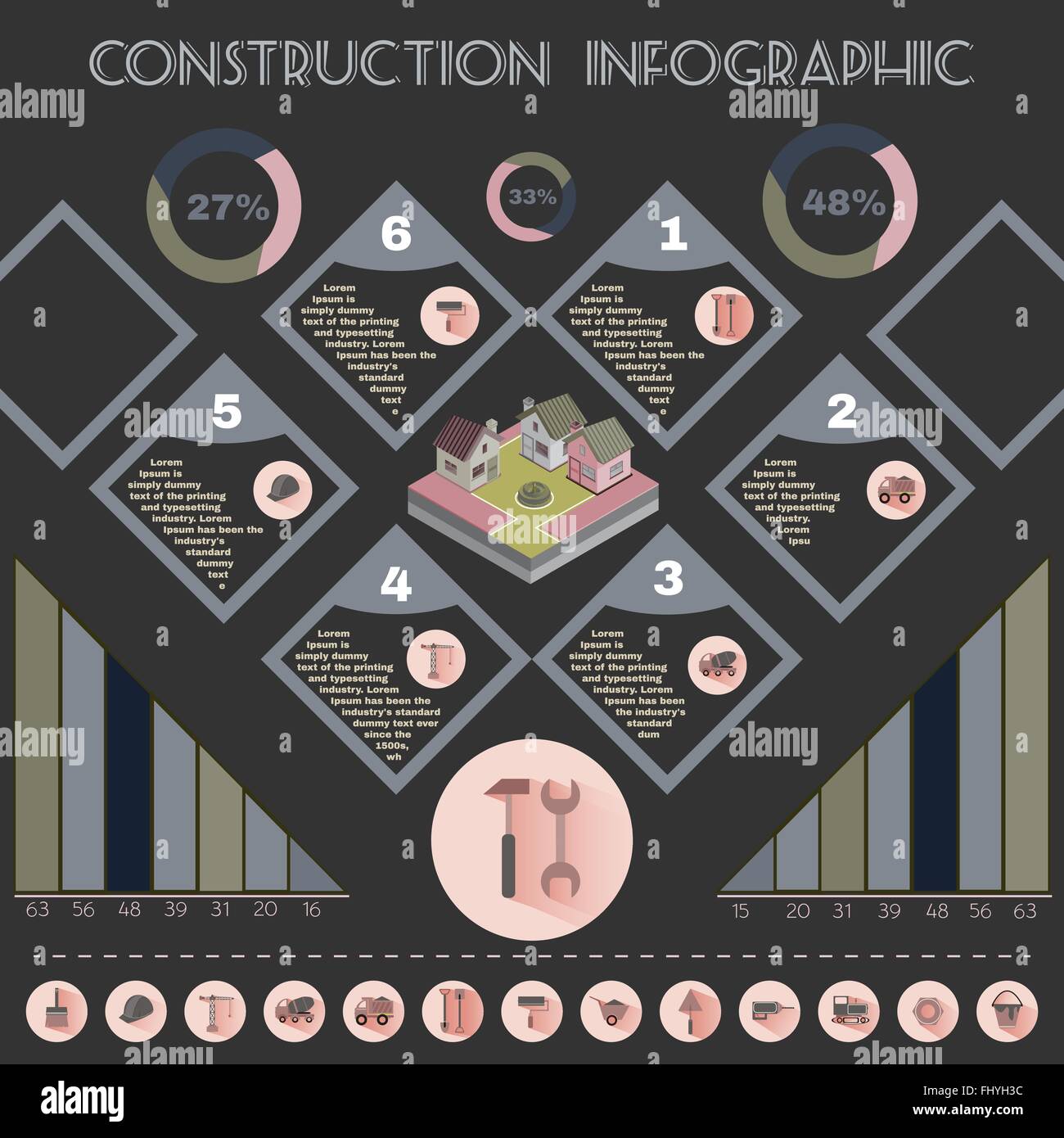 Construction Infographic. Isometric Town Houses on a Street. Building ...