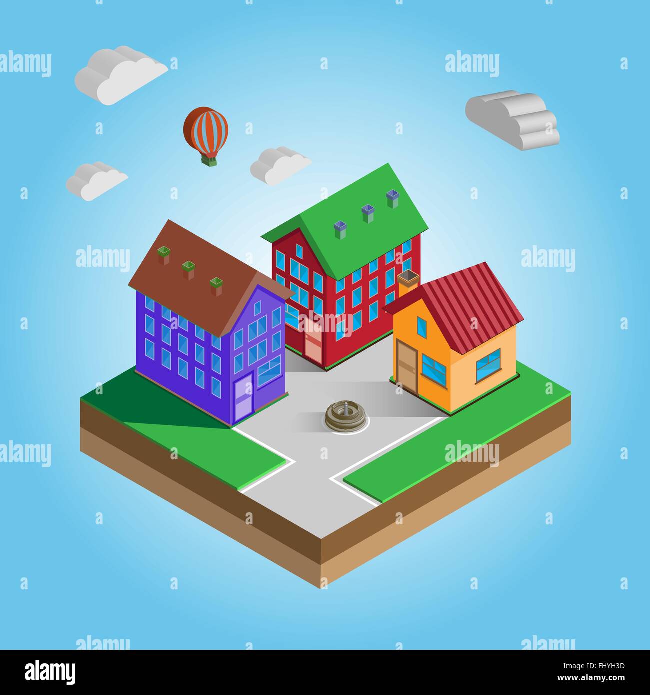 Isometric Houses on a Street. Flying Balloon in the Sky with Clouds ...