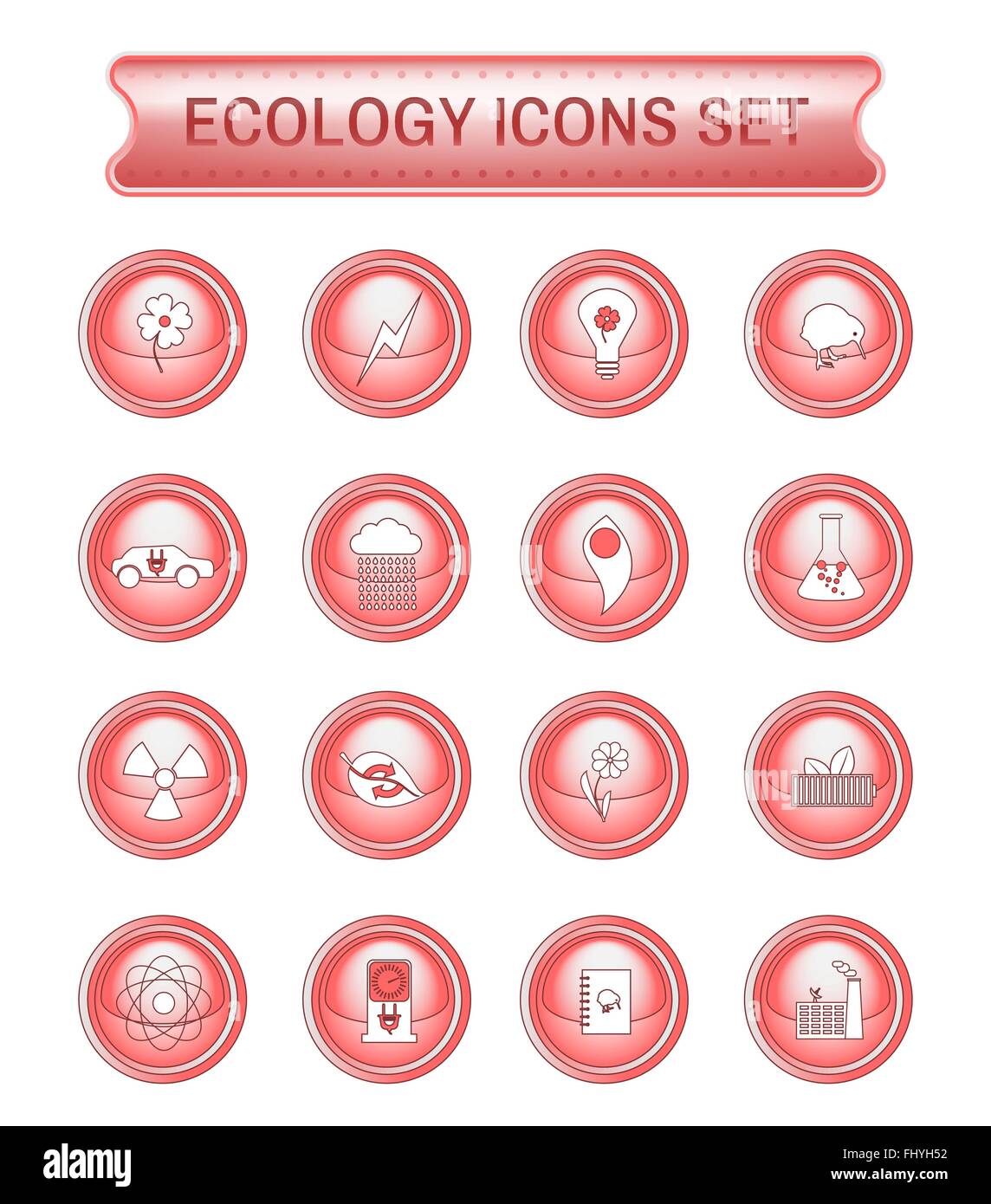Ecology Icons Set on Red Round Buttons. Digital background vector ...