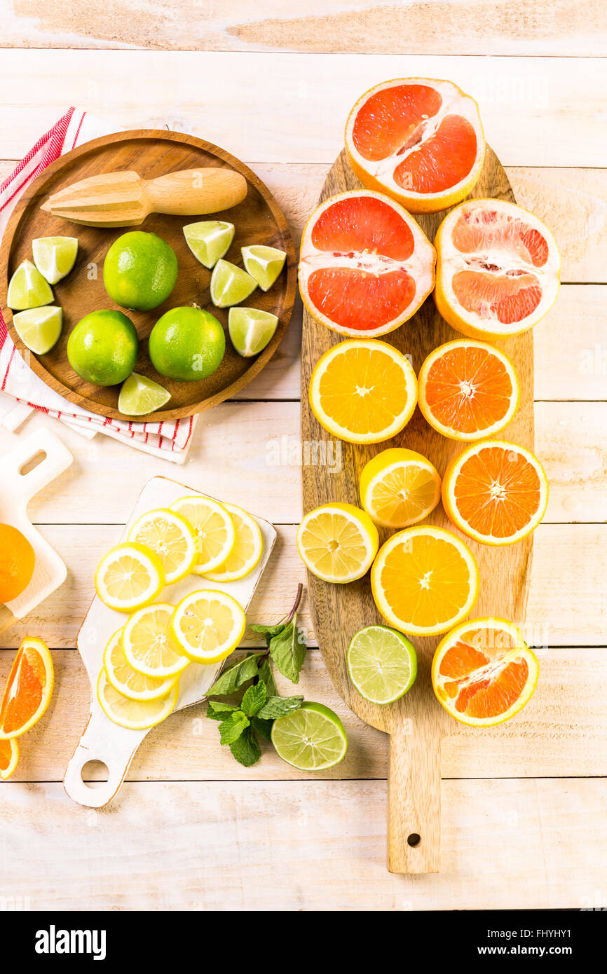 Variety of citrus fruit including lemons, lines, grapefruits and ...