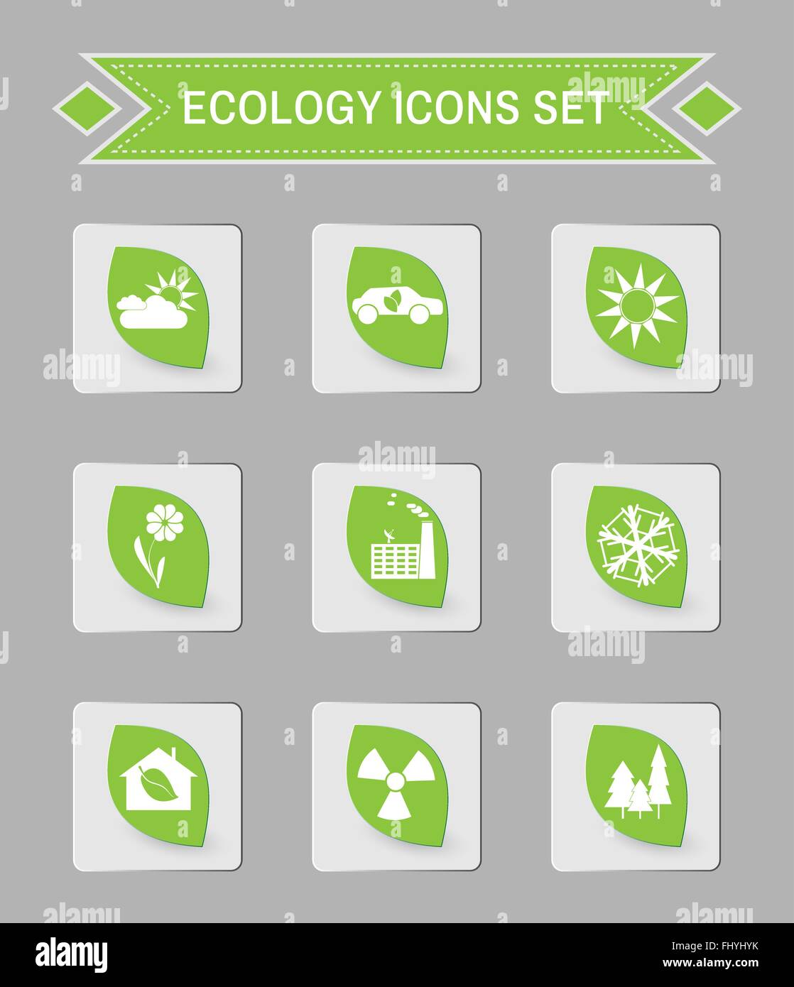Green ecology logo isolated on gray square buttons. Digital background ...