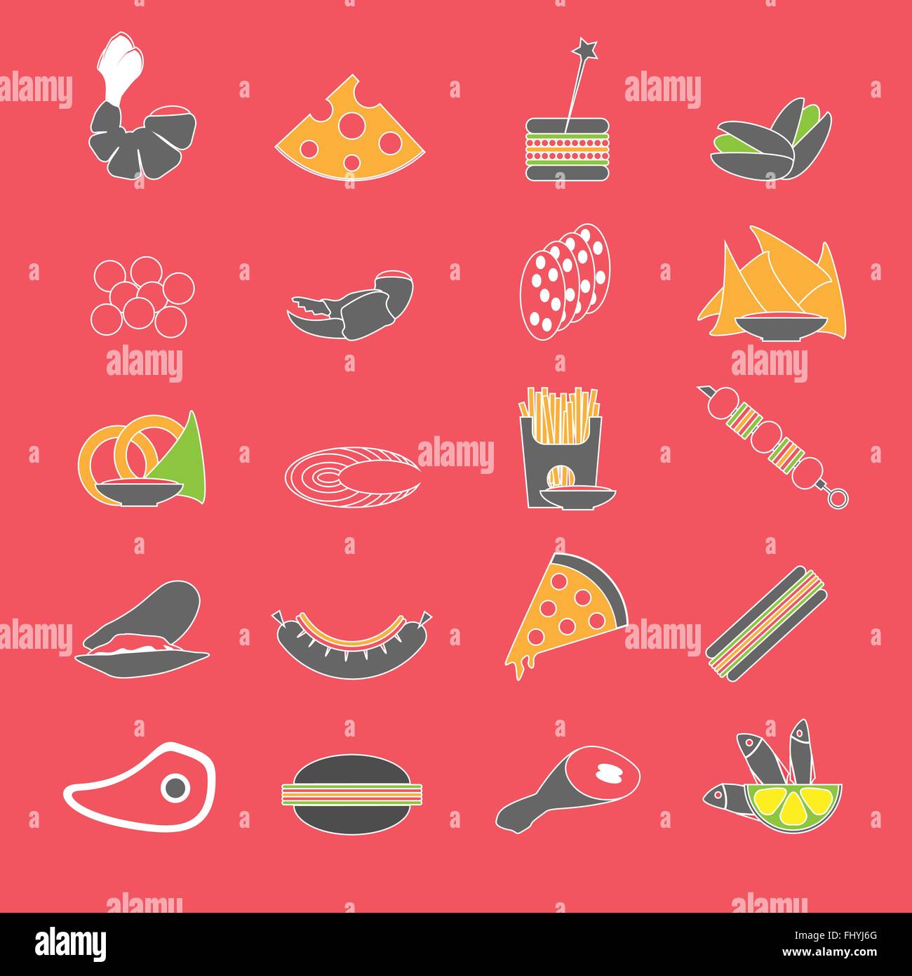 Different Colorful Food Snacks and party appetizers icon set on red ...