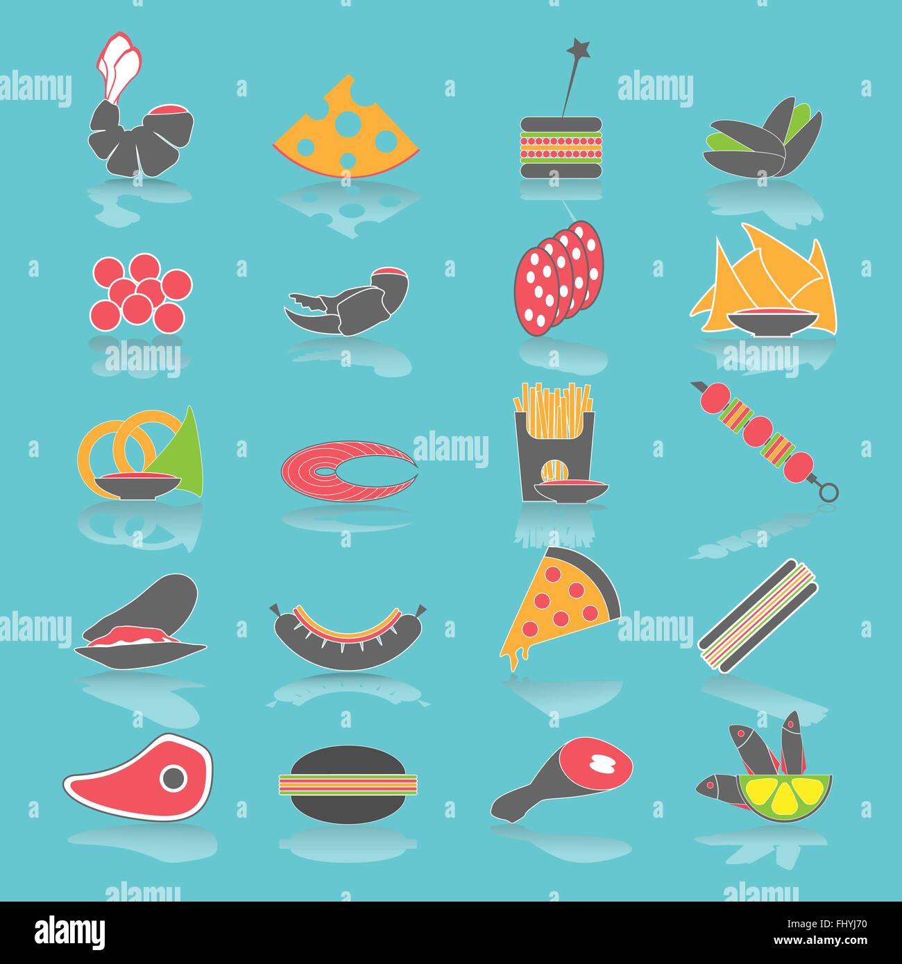 Different Colorful Food Snacks icon set. Digital background vector ...
