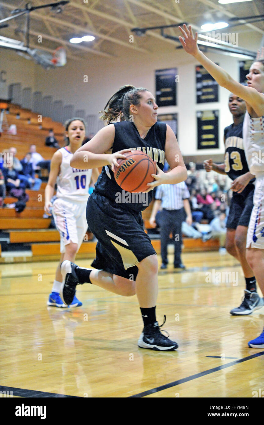 Player driving parallel to the baseline and under the basket prior to ...