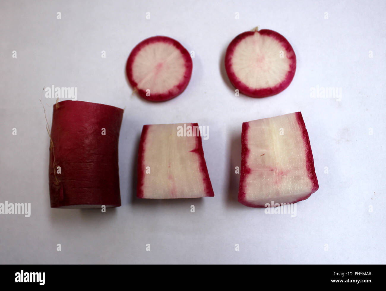Raphanus sativus, red long radish, sliced to show white flesh, commonly ...