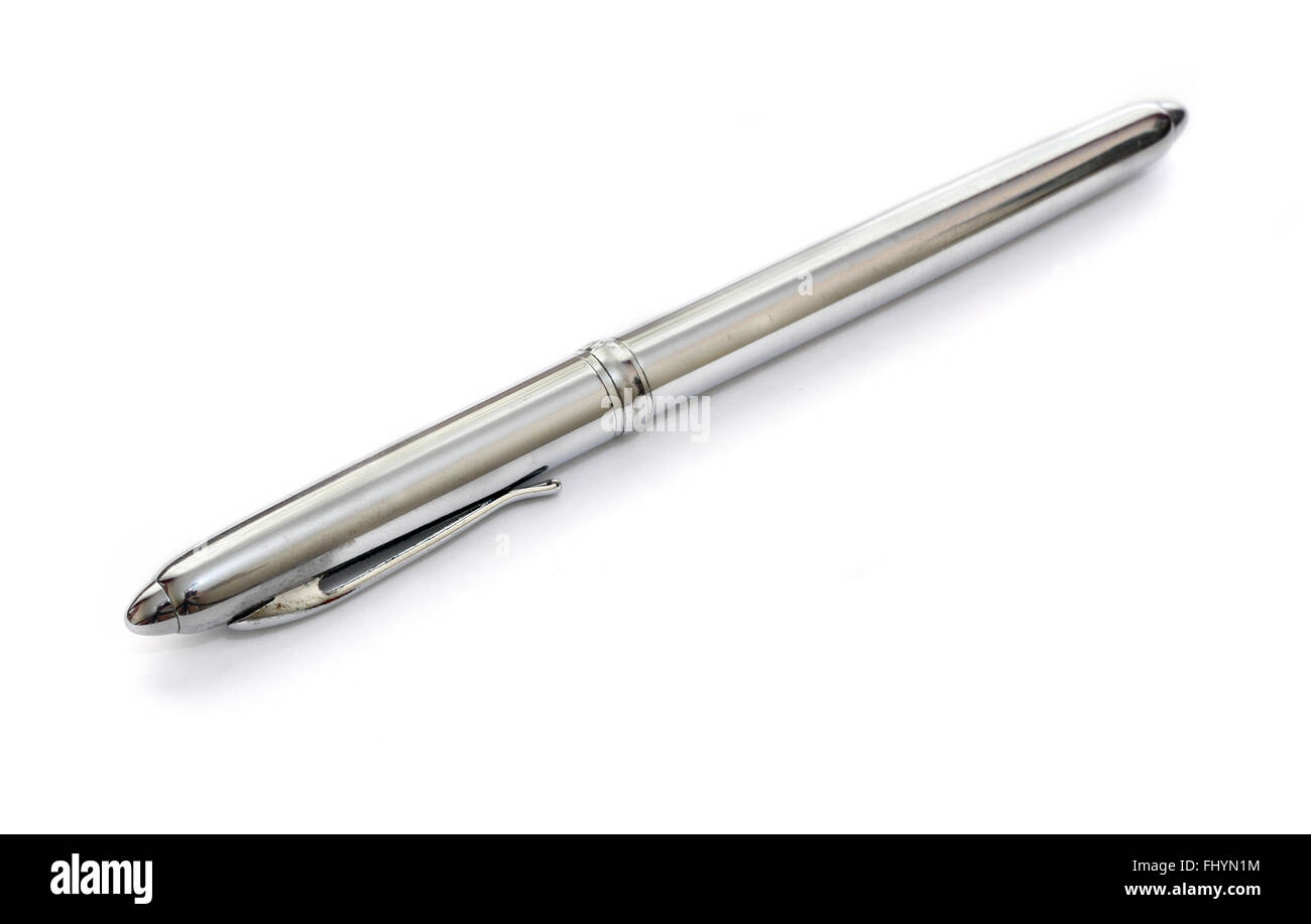 Silver metal pen isolated on white background Stock Photo - Alamy