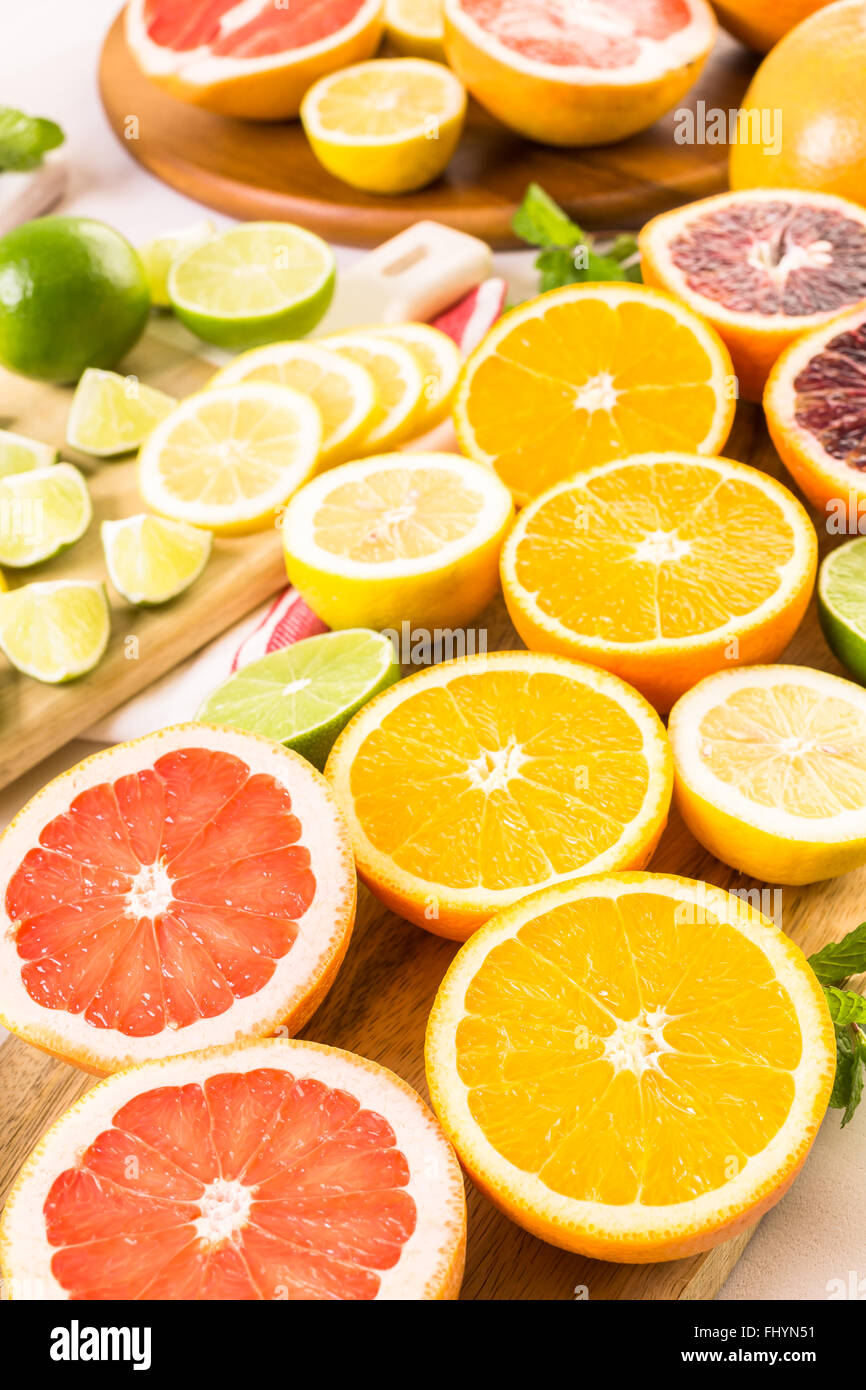 Variety of citrus fruit including lemons, lines, grapefruits and ...
