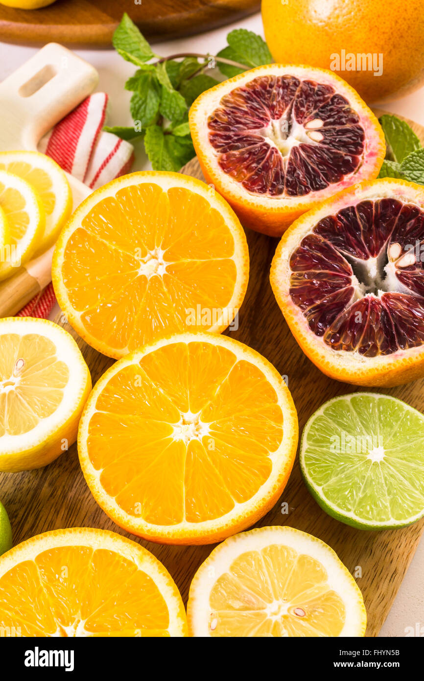 Variety of citrus fruit including lemons, lines, grapefruits and ...