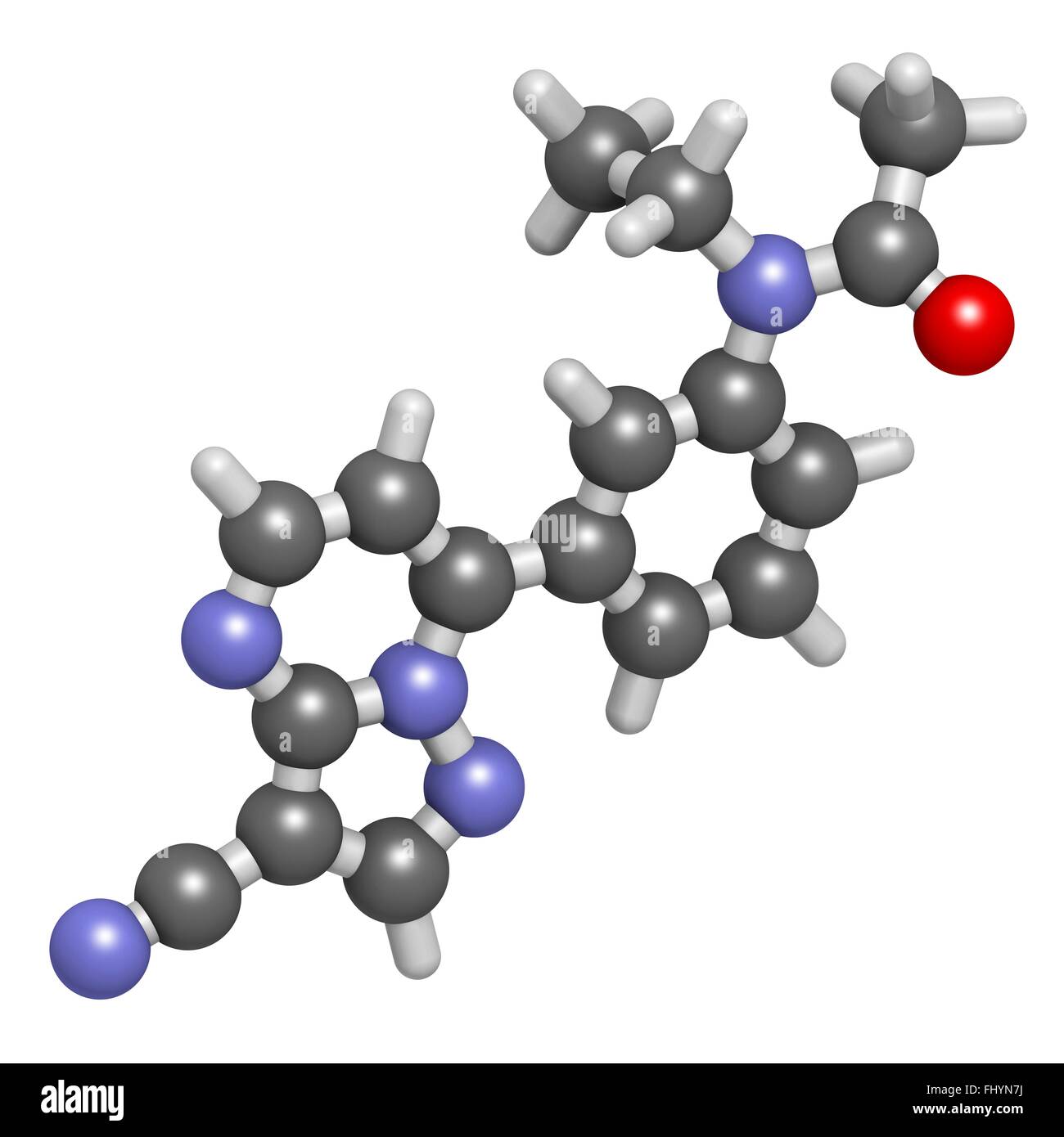 Zaleplon hypnotic drug molecule (sleeping pill) Atoms are represented ...