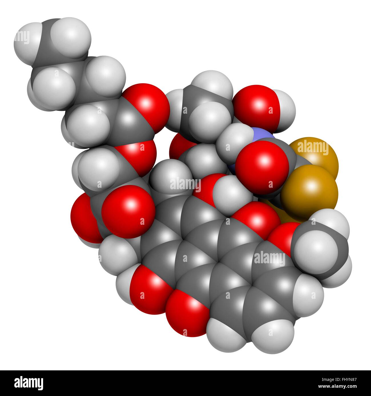 Valrubicin bladder cancer drug molecule Atoms are represented as ...