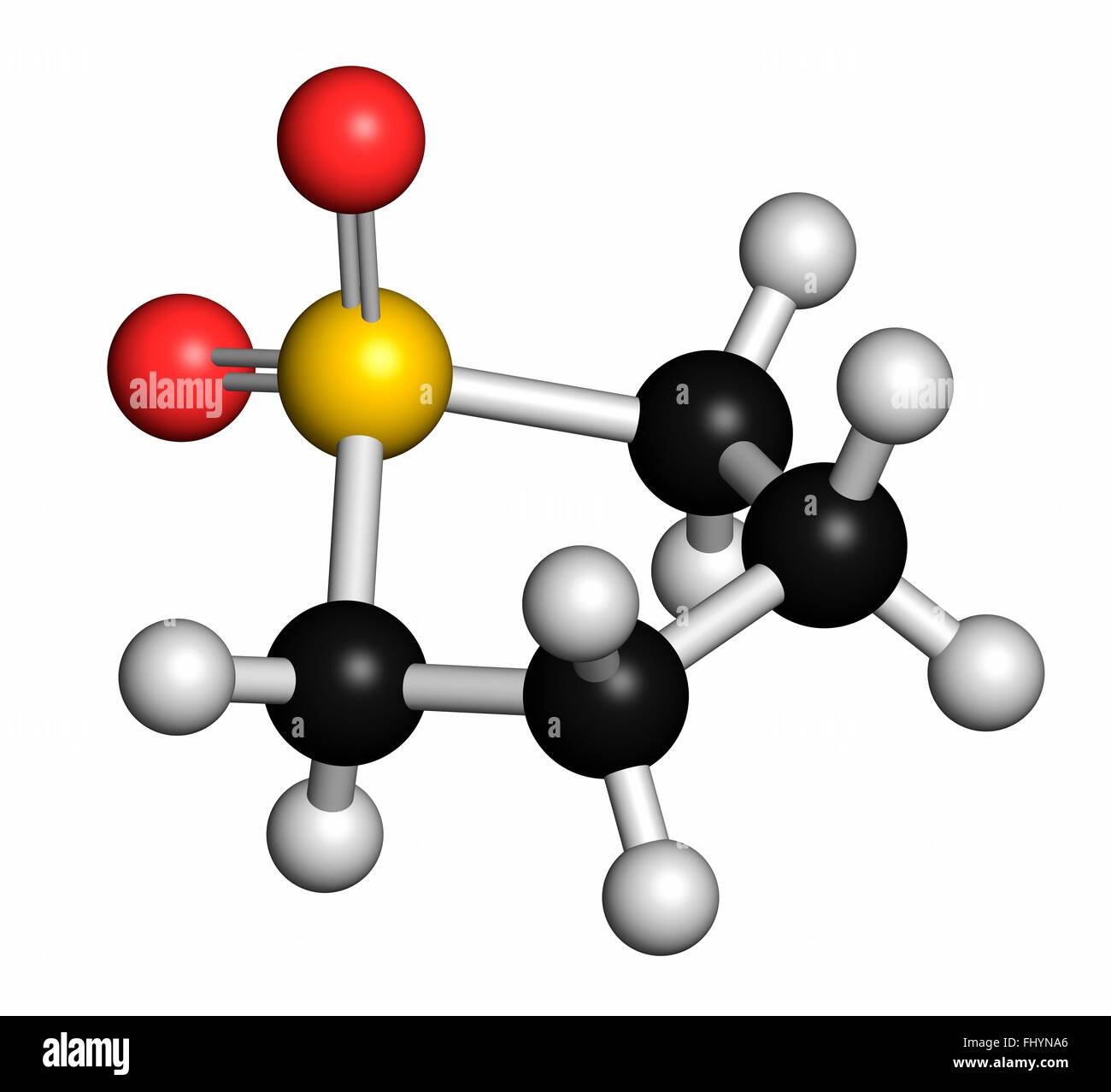Sulfolane industrial solvent molecule Atoms are represented as spheres ...