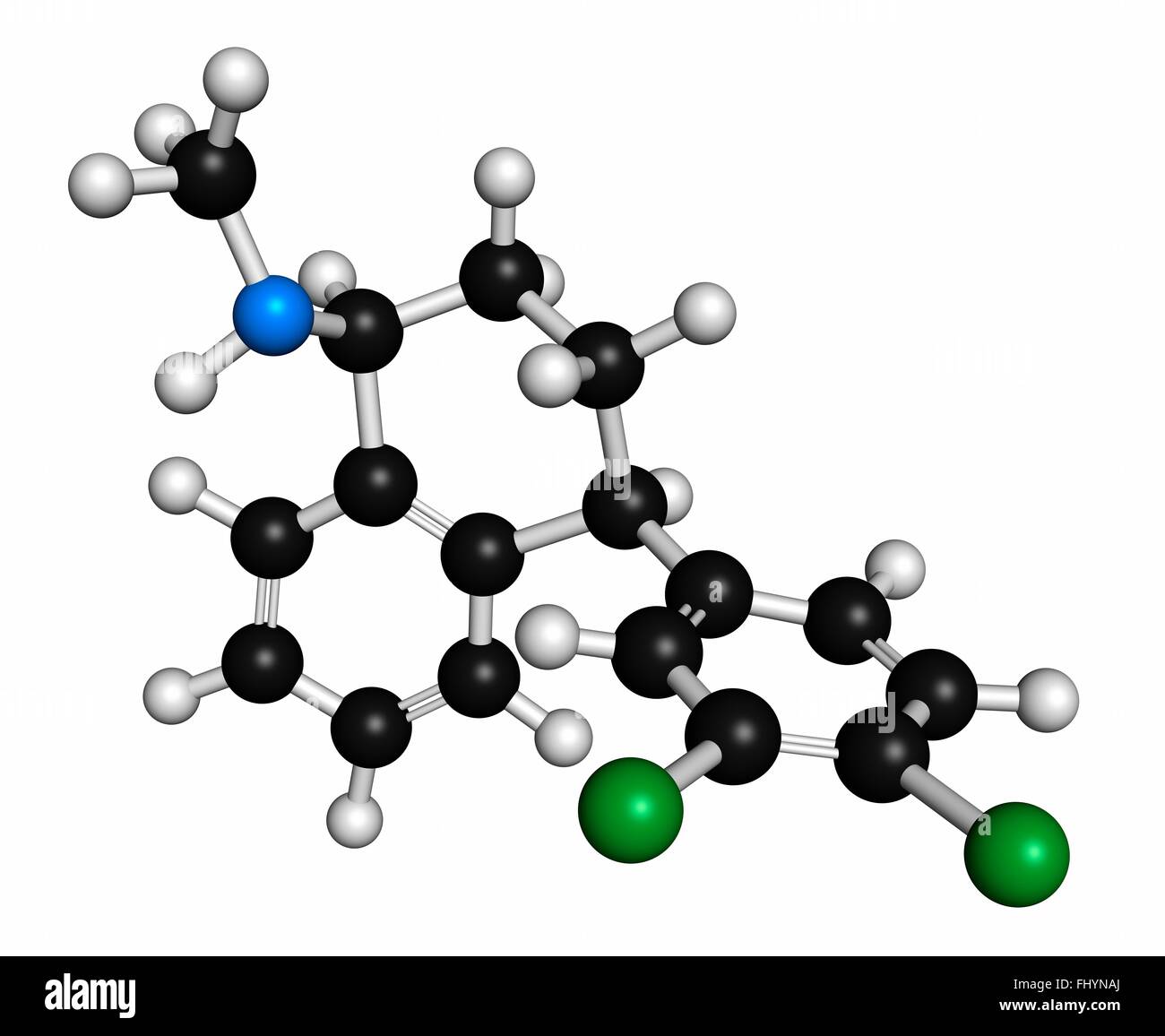 Sertraline antidepressant drug molecule Atoms are represented as ...
