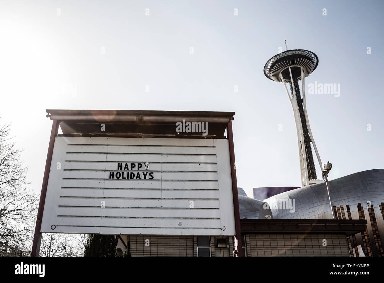 USA, Washington, Seattle, Space Needle and Holiday Sign Stock Photo - Alamy