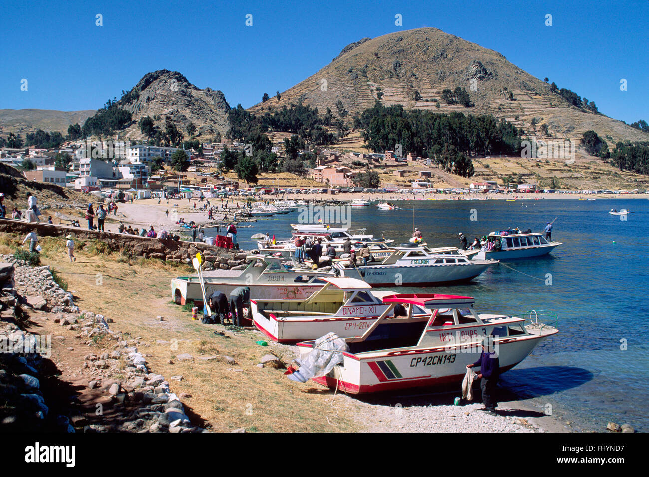 BOATS in the HARBOUR and along the shore of COPACABANA - LAKE TITICACA ...