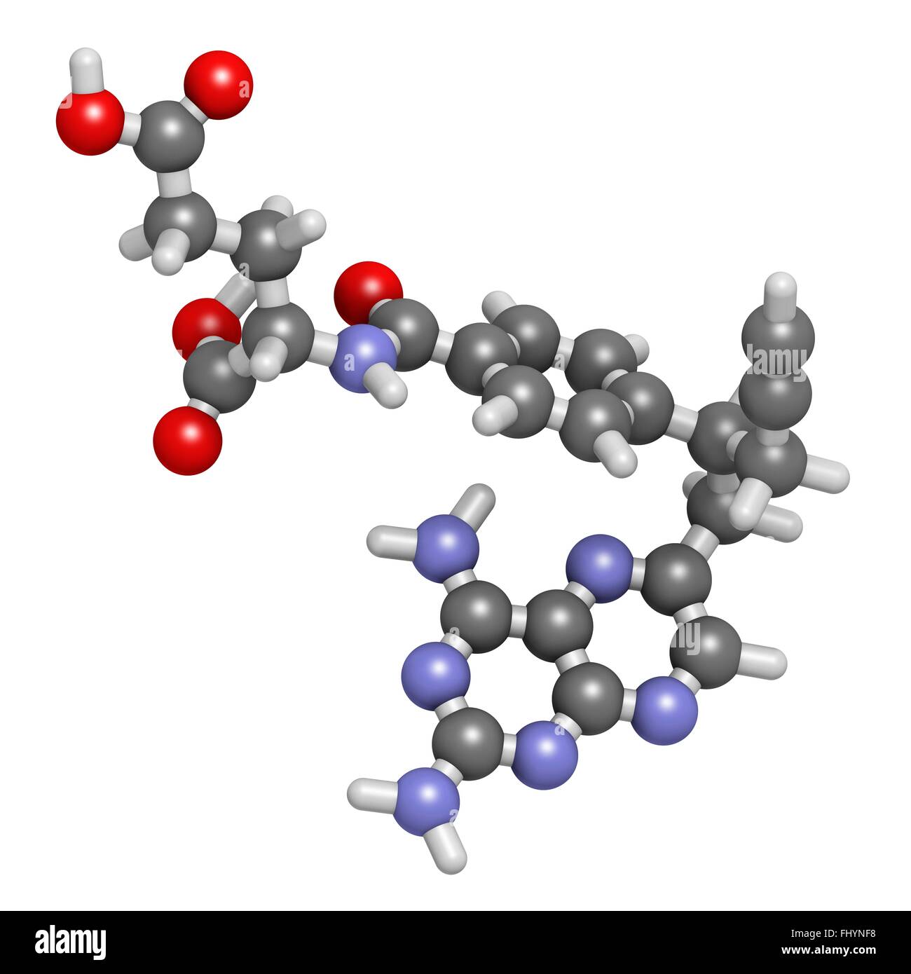 Pralatrexate cancer drug molecule (antifolate class) Atoms are ...