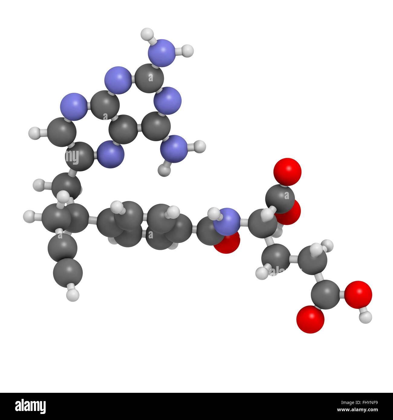Pralatrexate cancer drug molecule (antifolate class) Atoms are ...