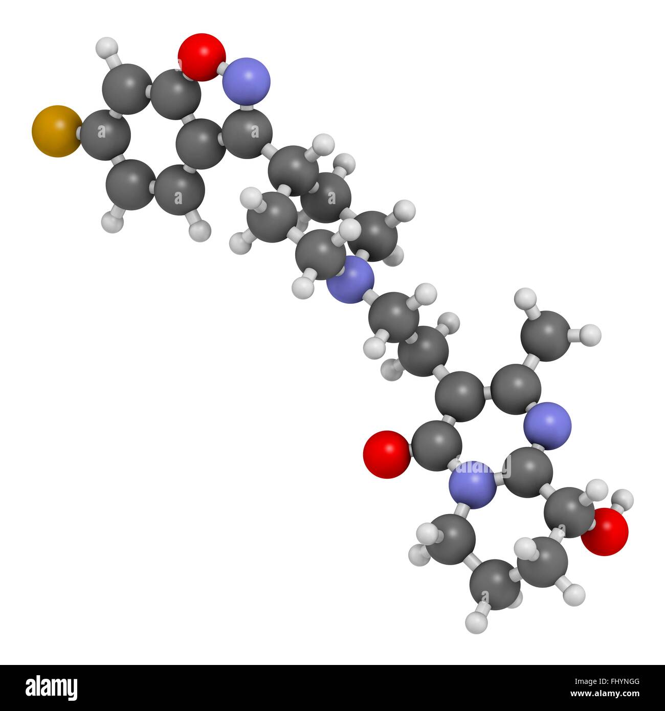 Paliperidone (9-hydroxyrisperidone) antipsychotic drug molecule Atoms ...