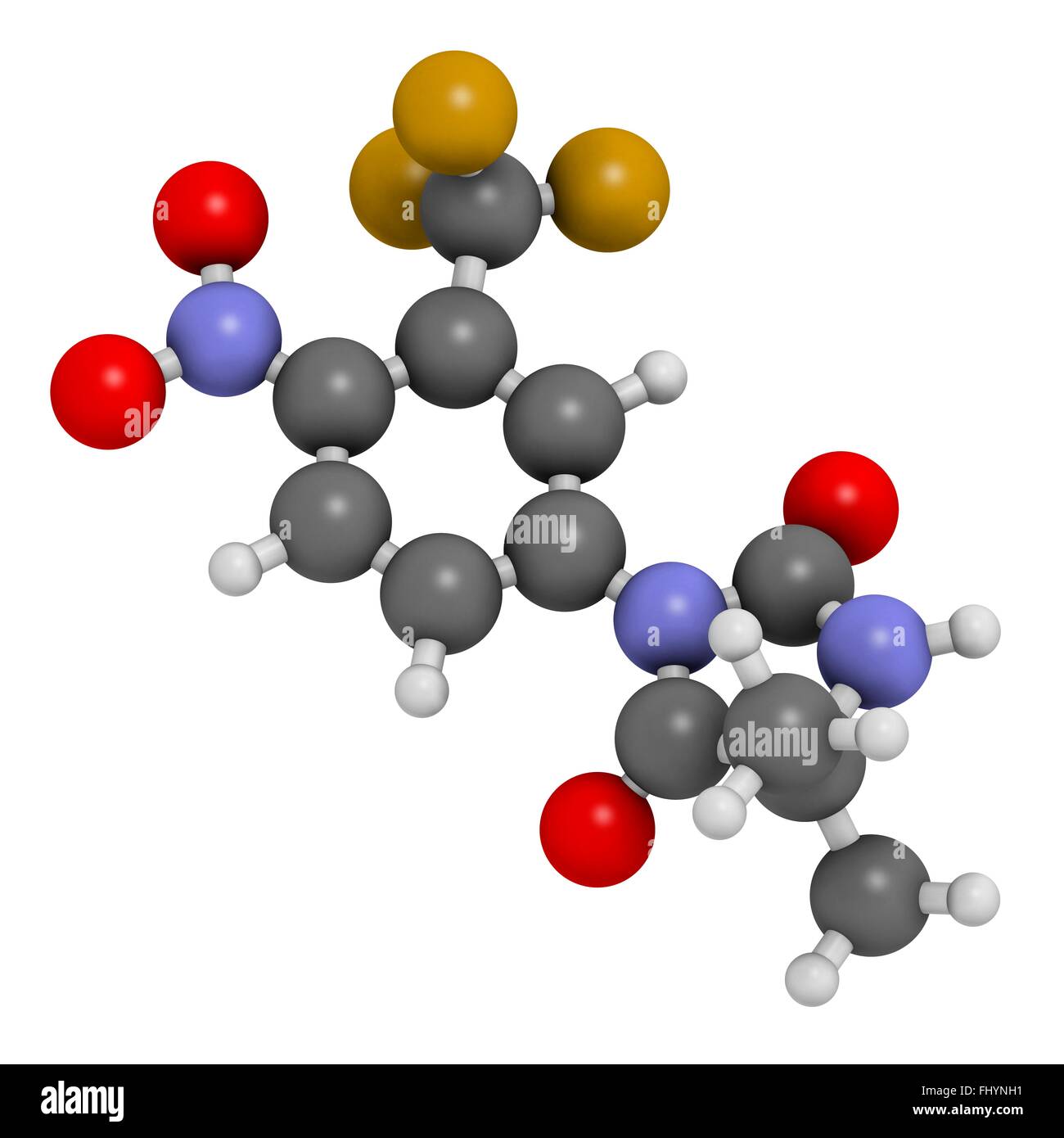 Nilutamide prostate cancer drug molecule (antiandrogen) Atoms are ...