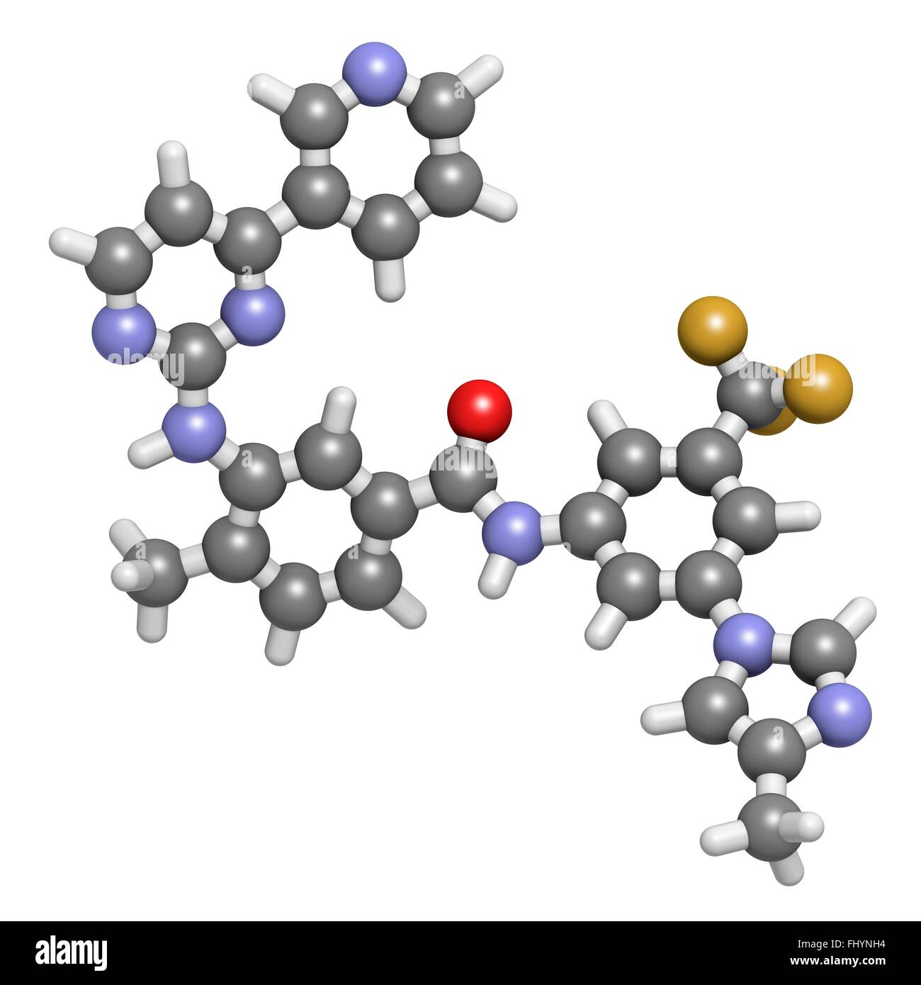 Nilotinib cancer drug molecule (tyrosine kinase inhibitor) Atoms are ...