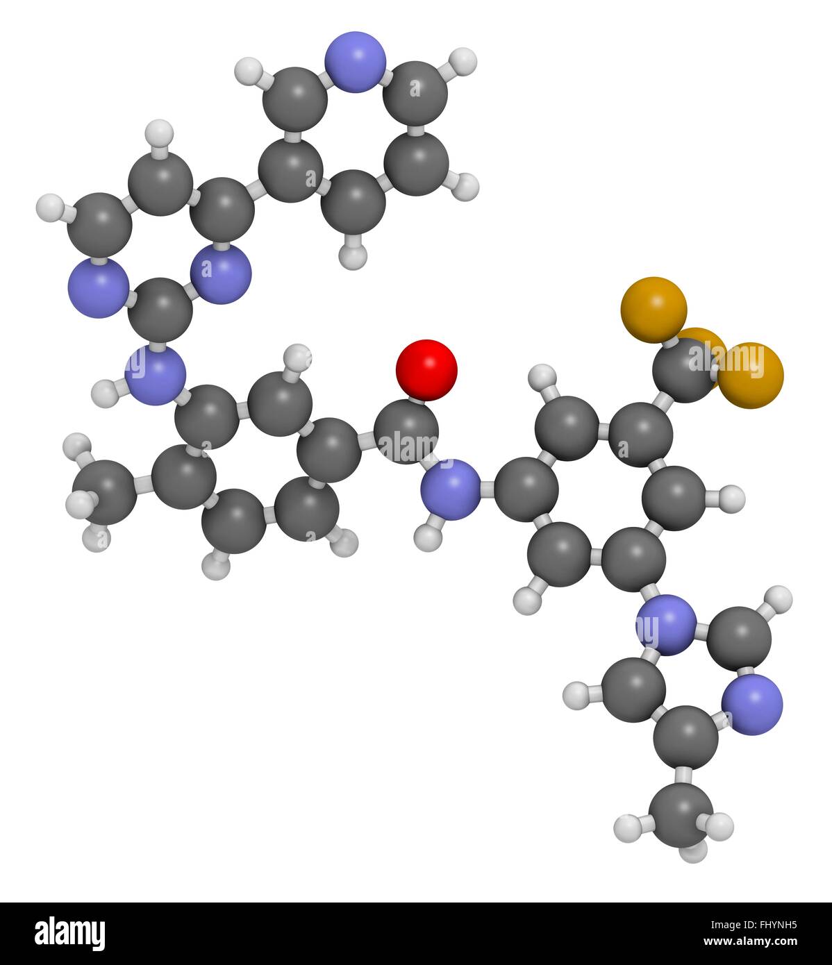 Nilotinib cancer drug molecule (tyrosine kinase inhibitor) Atoms are ...