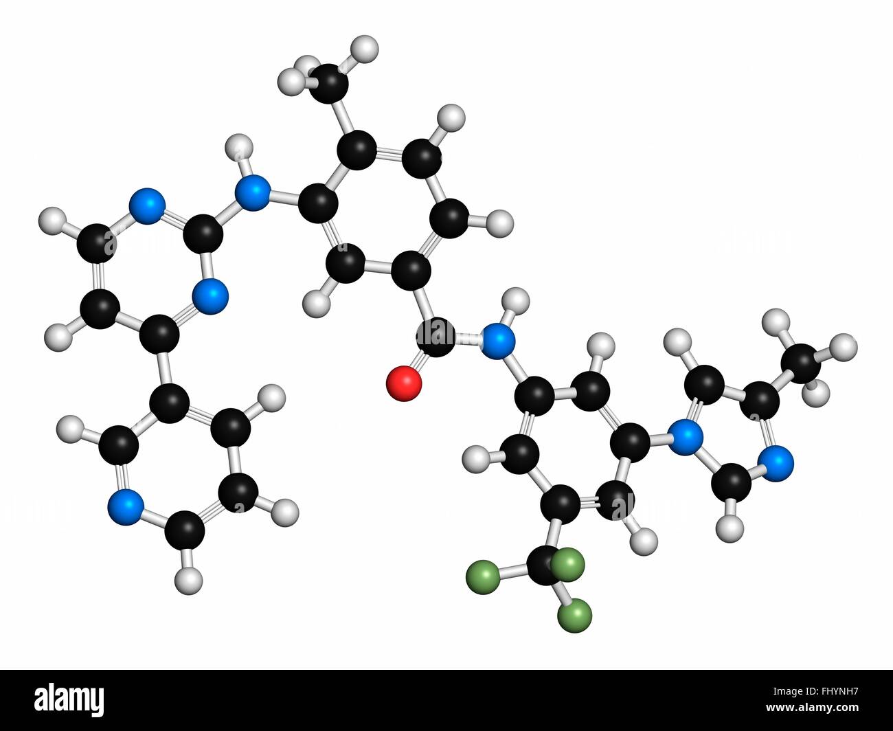 Nilotinib cancer drug molecule (tyrosine kinase inhibitor) Atoms are ...