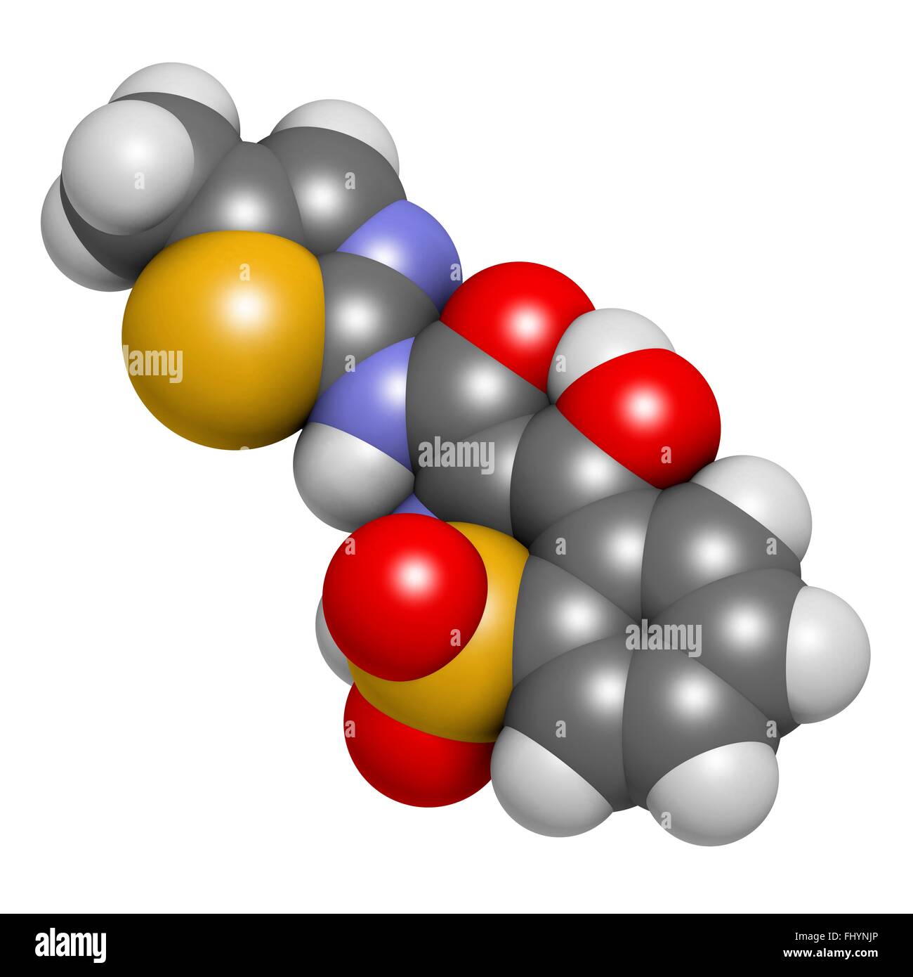 Meloxicam NSAID drug molecule Atoms are represented as spheres and are ...