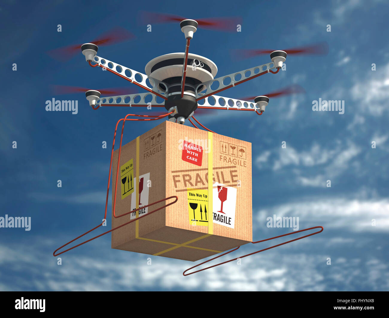 Parcel being delivered by a drone flying in the sky, illustration Stock ...