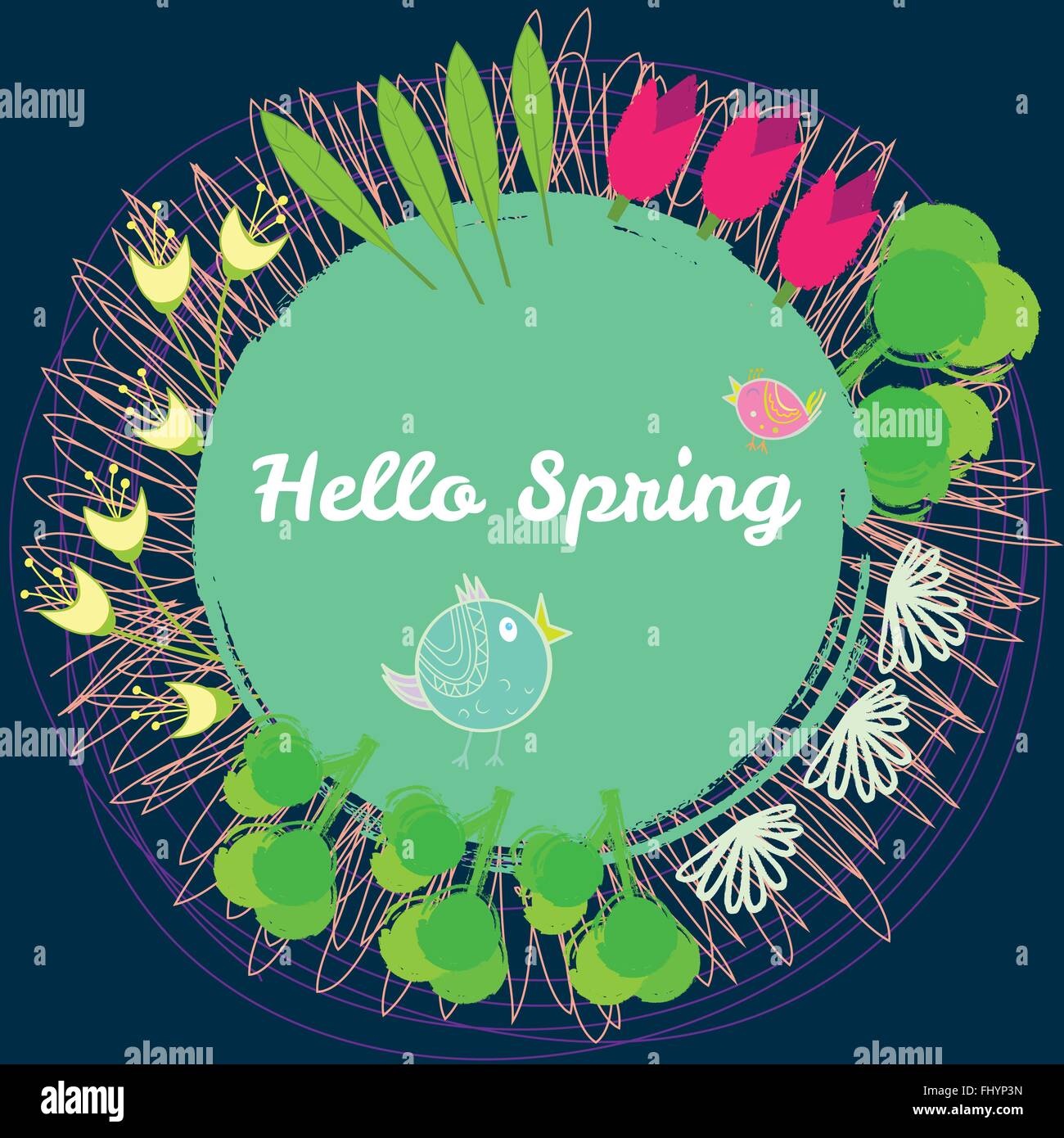 Hello spring. Birds and spring flowers. Vector illustration Stock ...
