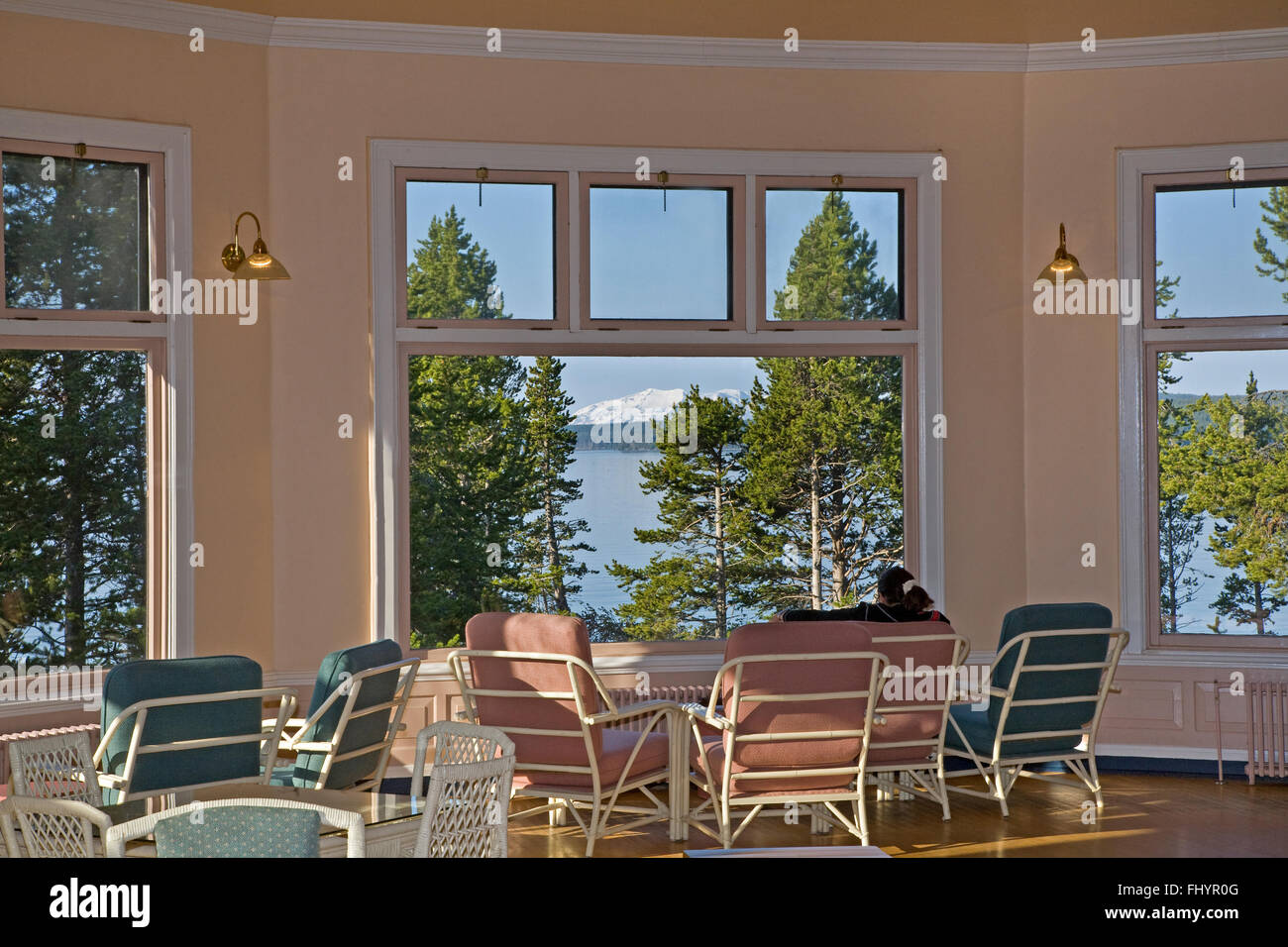 The lobby of the historic LAKE YELLOWSTONE HOTEL which was completed in ...