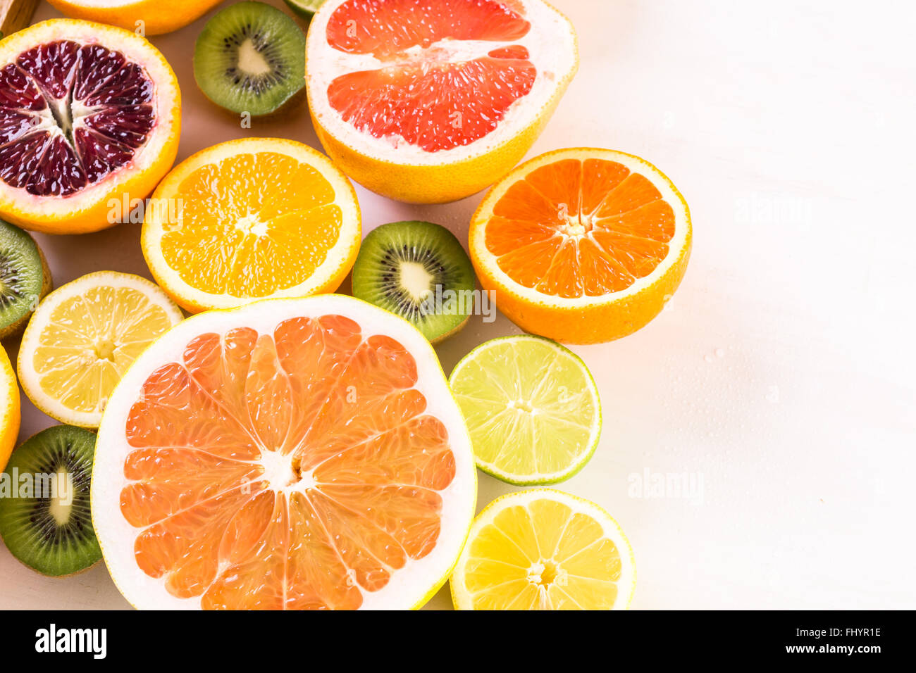 Variety of citrus fruit including lemons, lines, grapefruits and ...