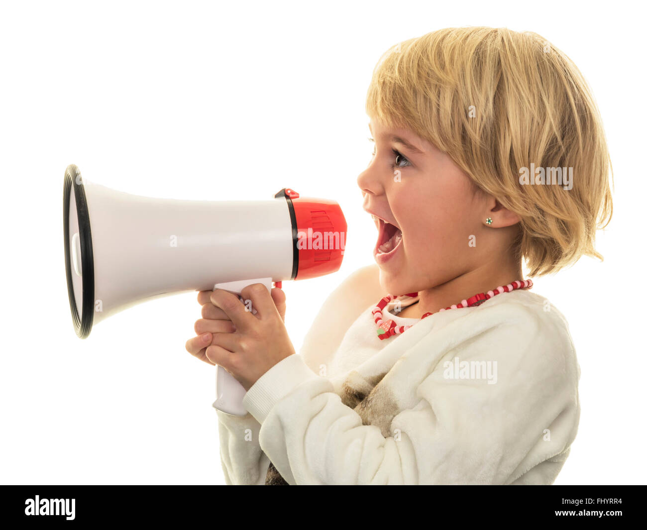 Blond girl shouting in megaphone Stock Photo - Alamy