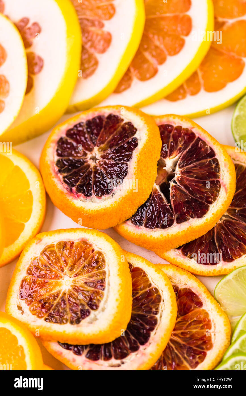 Variety of citrus fruit including lemons, lines, grapefruits and ...