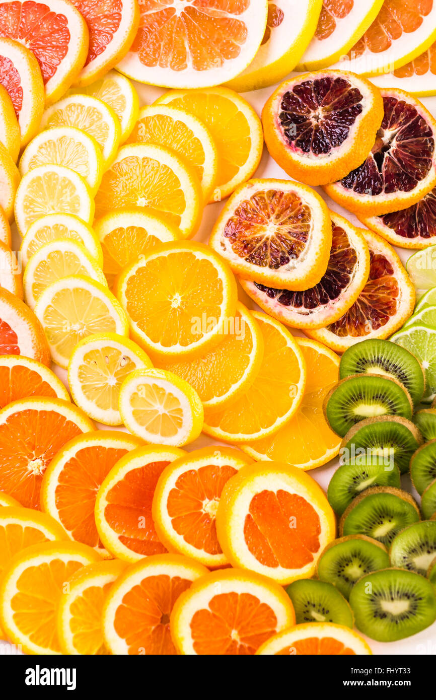 Variety of citrus fruit including lemons, lines, grapefruits and ...