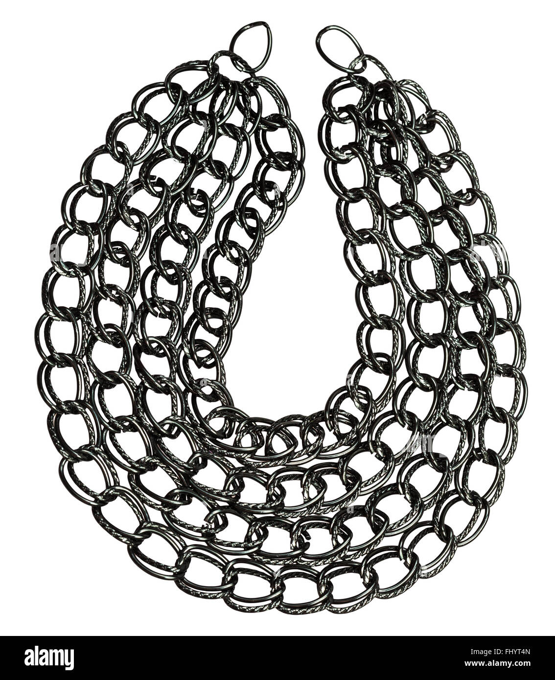 top view of necklace from strings of black chain isolated on white ...