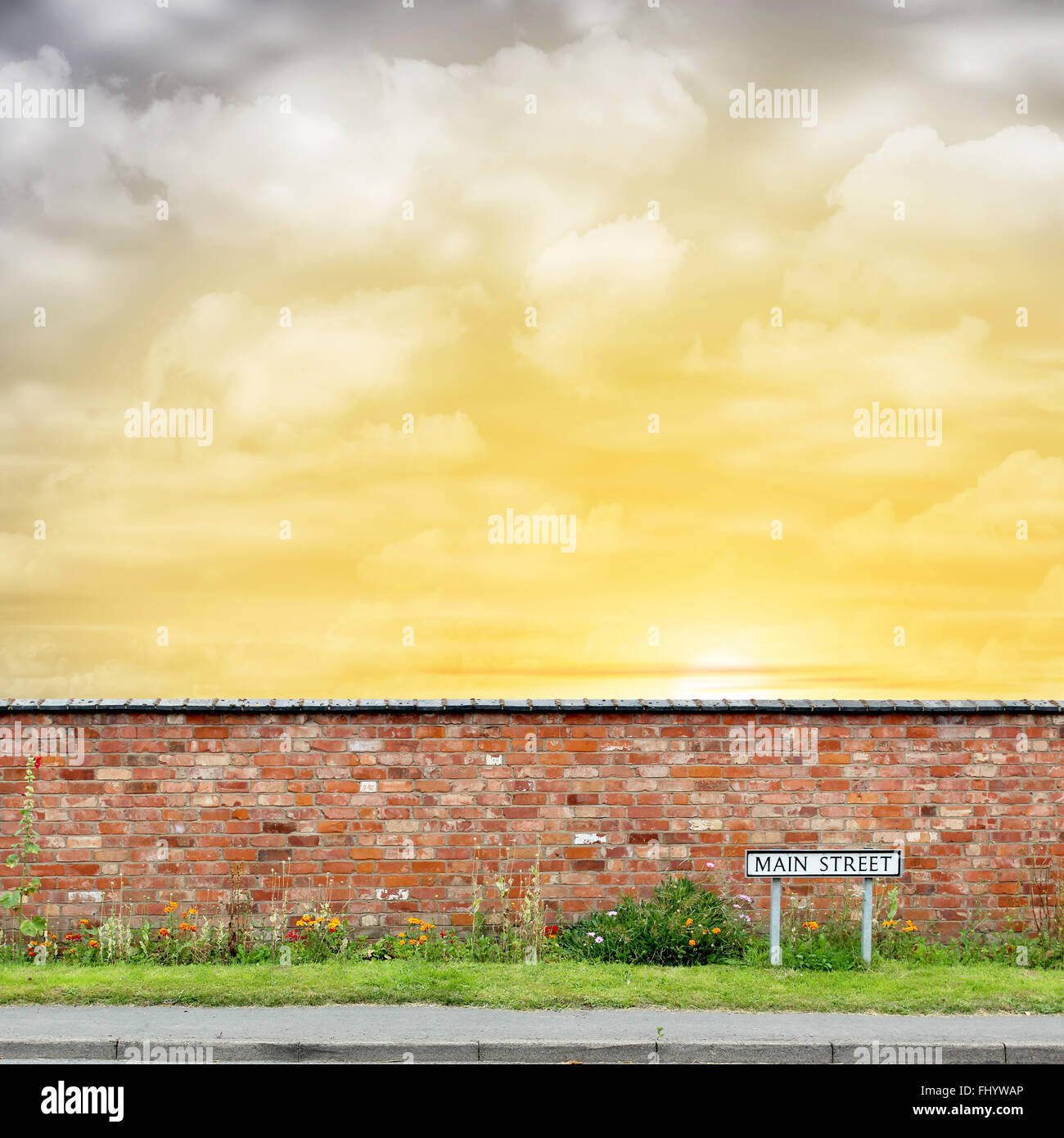 Brick Wall with a Main Street Sign and Sunset, Sunrise. - A manipulated ...